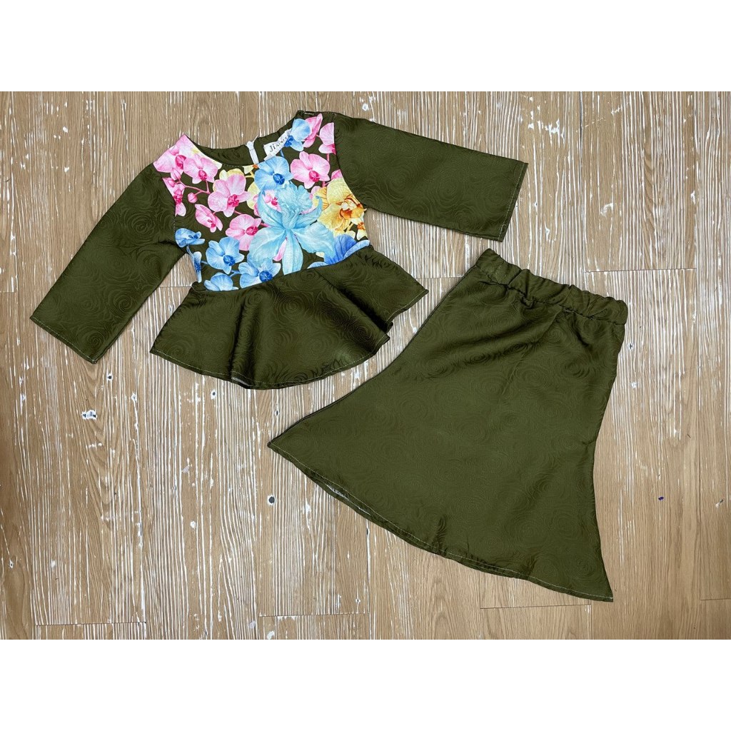 Budak Perempuan Set Baju Raya Kurung Peplum Corak Bunga Lengan Panjang ...