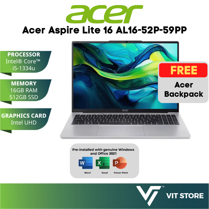 ACER ASPIRE LITE 16 AL16-52P-59PP GRAY i5-1334U Intel UHD 16GB DDR5 512GB NVMe SSD 16" WUXGA W11 ...