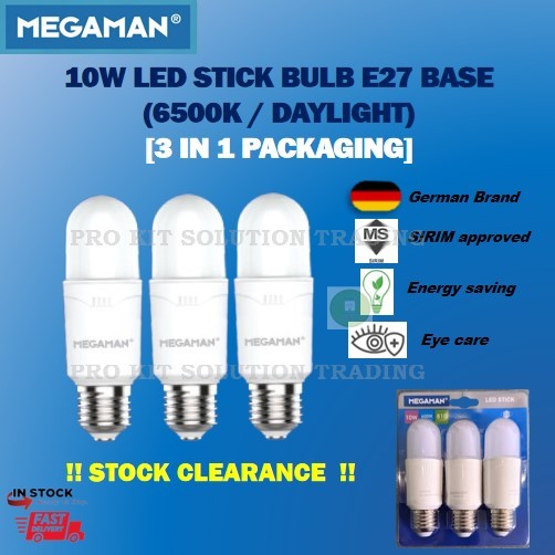 [SIRIM] MEGAMAN 10W LED STICK BULB E27 CAP / 220-240V (6500K-DAYLIGHT ...
