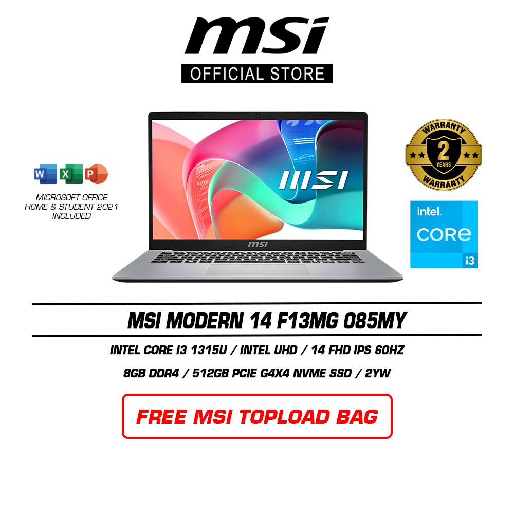 MSI Modern 14 F13MG 085 (14" FHD IPS/I3-1315U/8GB DDR4/512GB SSD/Intel UHD/Win11/MS Office ...