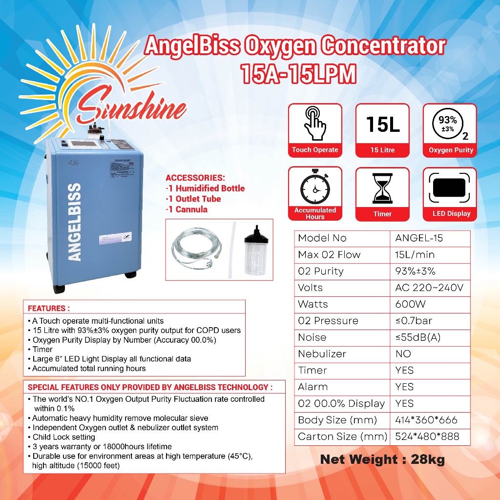 AngelBiss Oxygen Concentrator 15L High Purity for Home & Medical Use ...