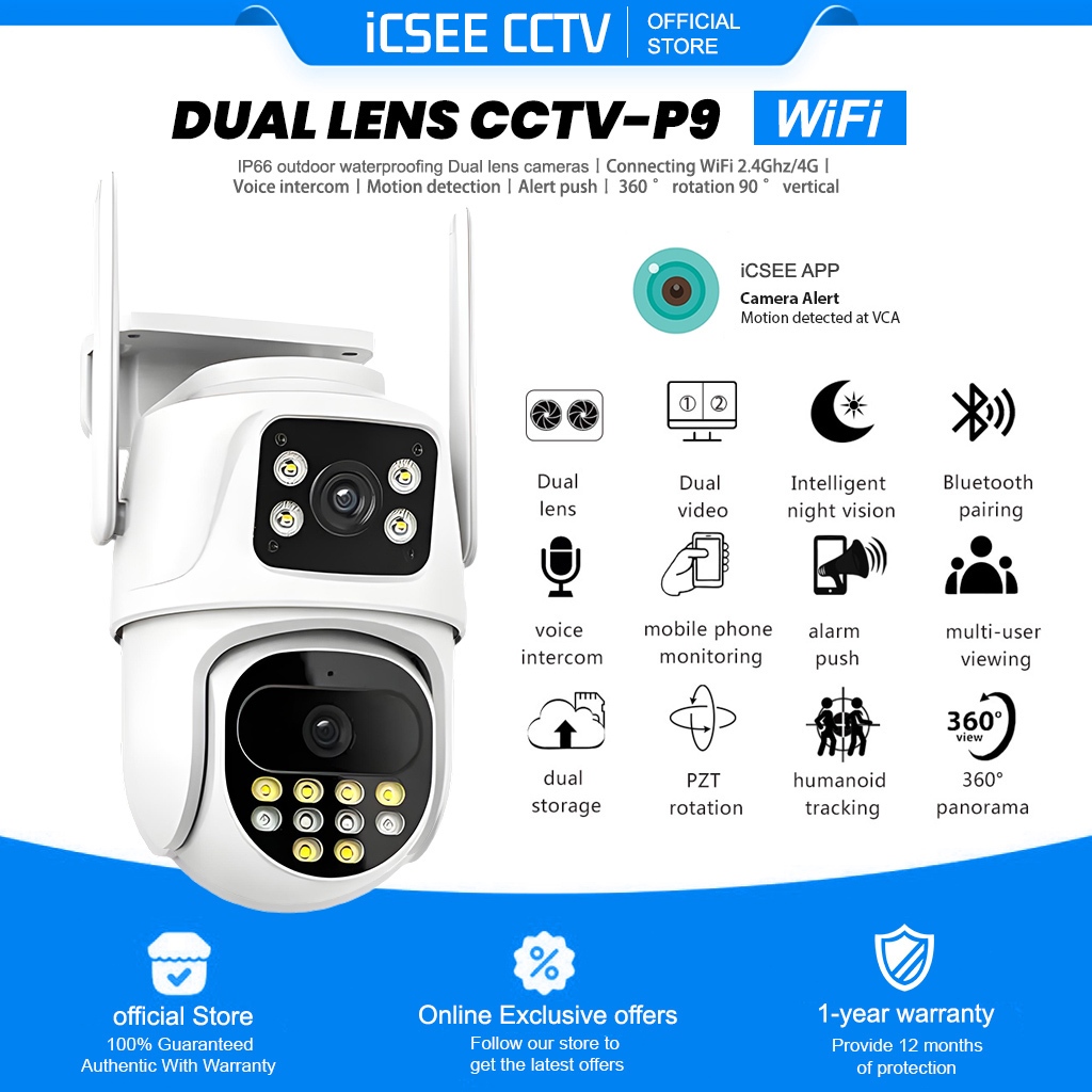 ICSEE CCTV Outdoor Dual Camera P9 1080P Wifi Connect To Cellphone Dual ...