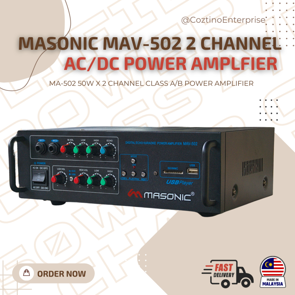 Masonic MAV-502 AC/DC Powered 2 Channel Power Amplifier with 2 6.3mm ...