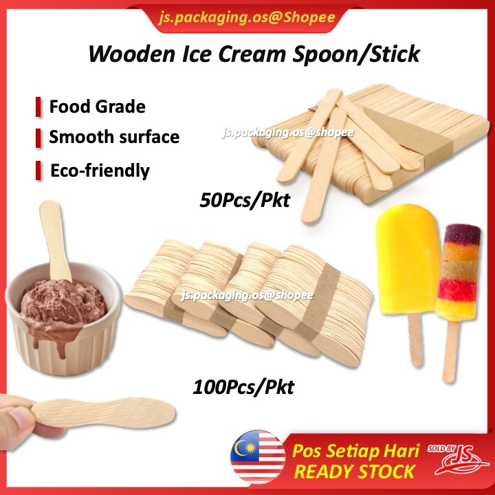 DISPOSABLE WOODEN ICE CREAM DIY CRAFT STICK DESSERT SPOON 75mmX100Pcs ...
