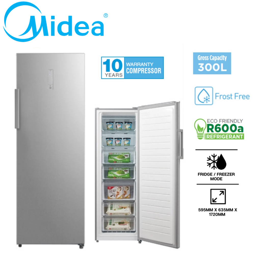 Midea Upright Freezer MUF-307SS 300L Upright Freezer No Frost Peti Beku ...