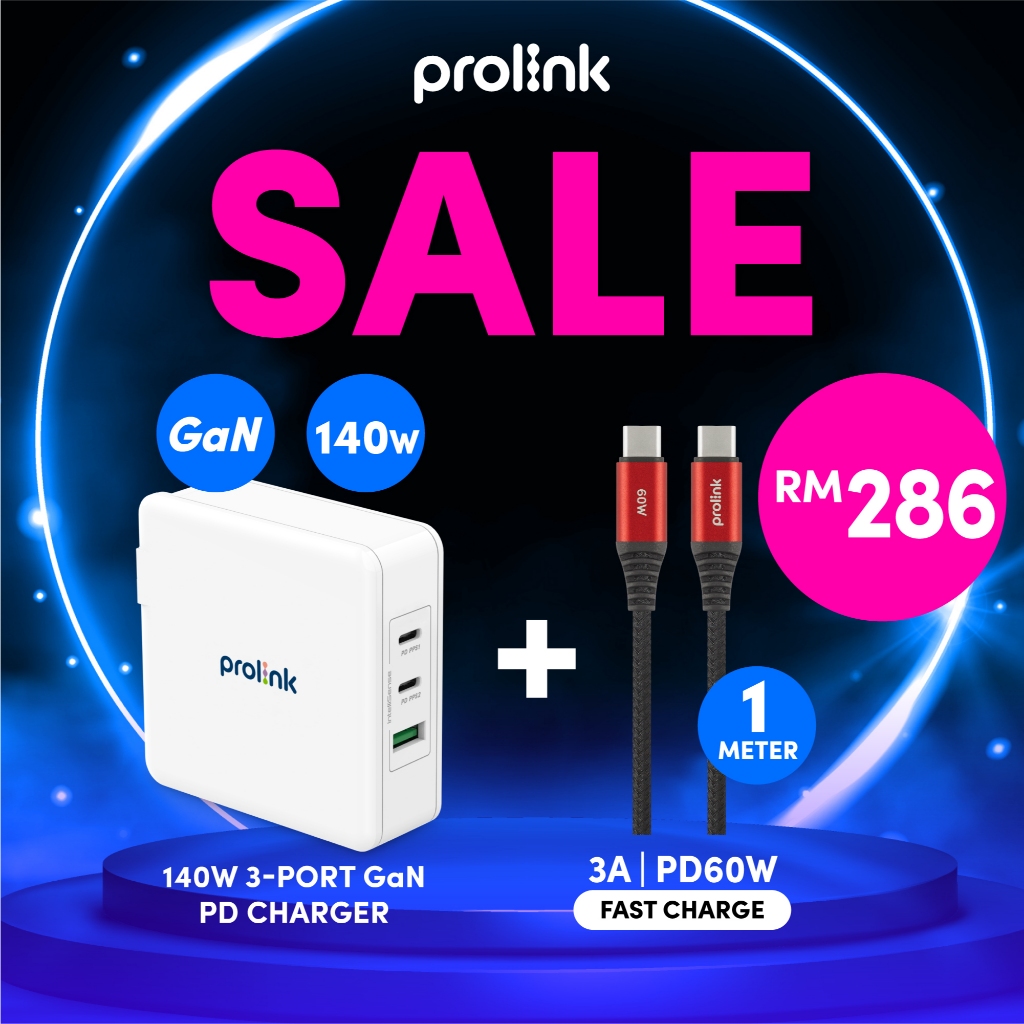 Prolink 140W 3-Port GaN Charger GT-314001 free Cable (60W/40W) for iPhone/Samsung/Google Pixel ...