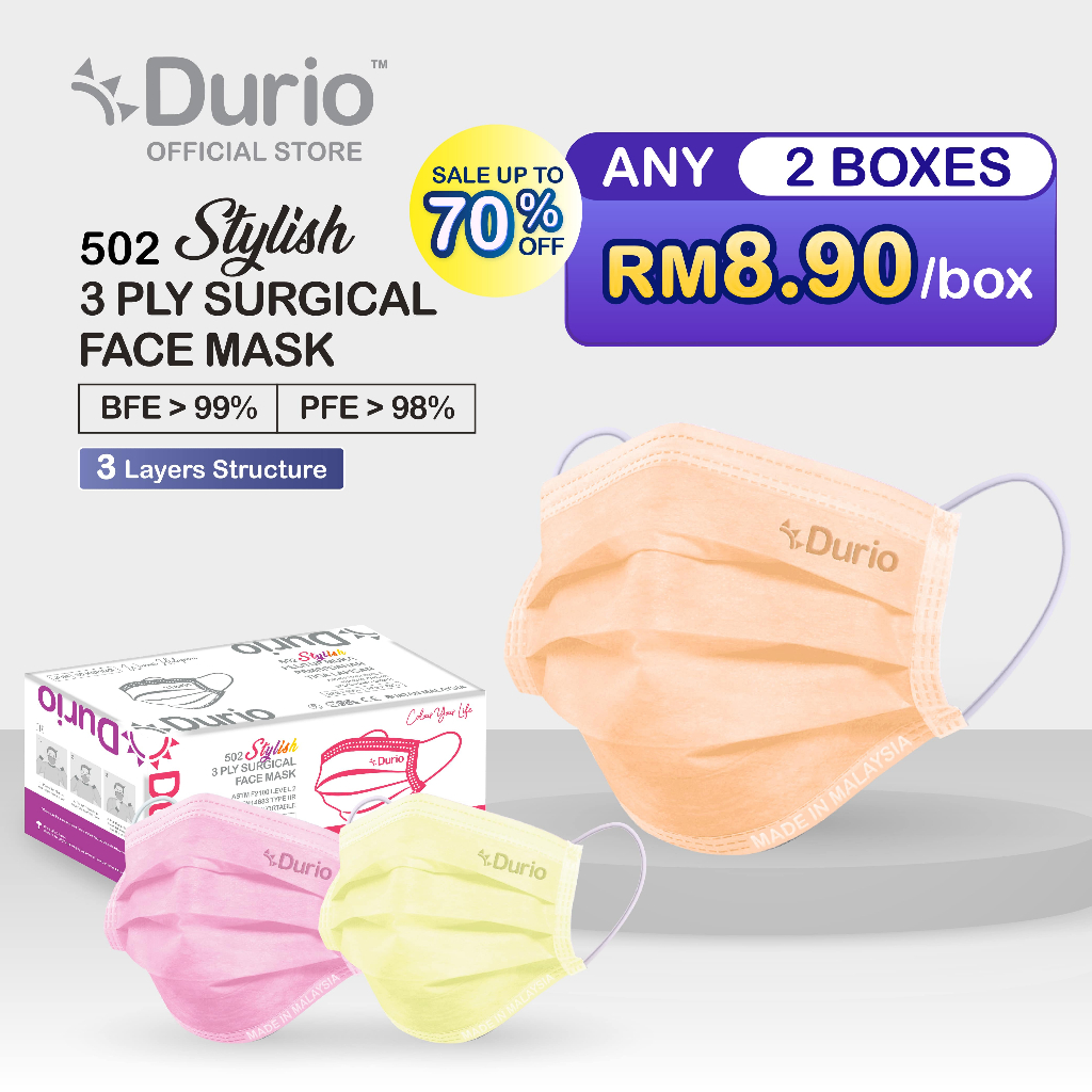 Durio 502 Stylish 3 Ply Surgical Face Mask (50 Pcs) | Shopee Malaysia