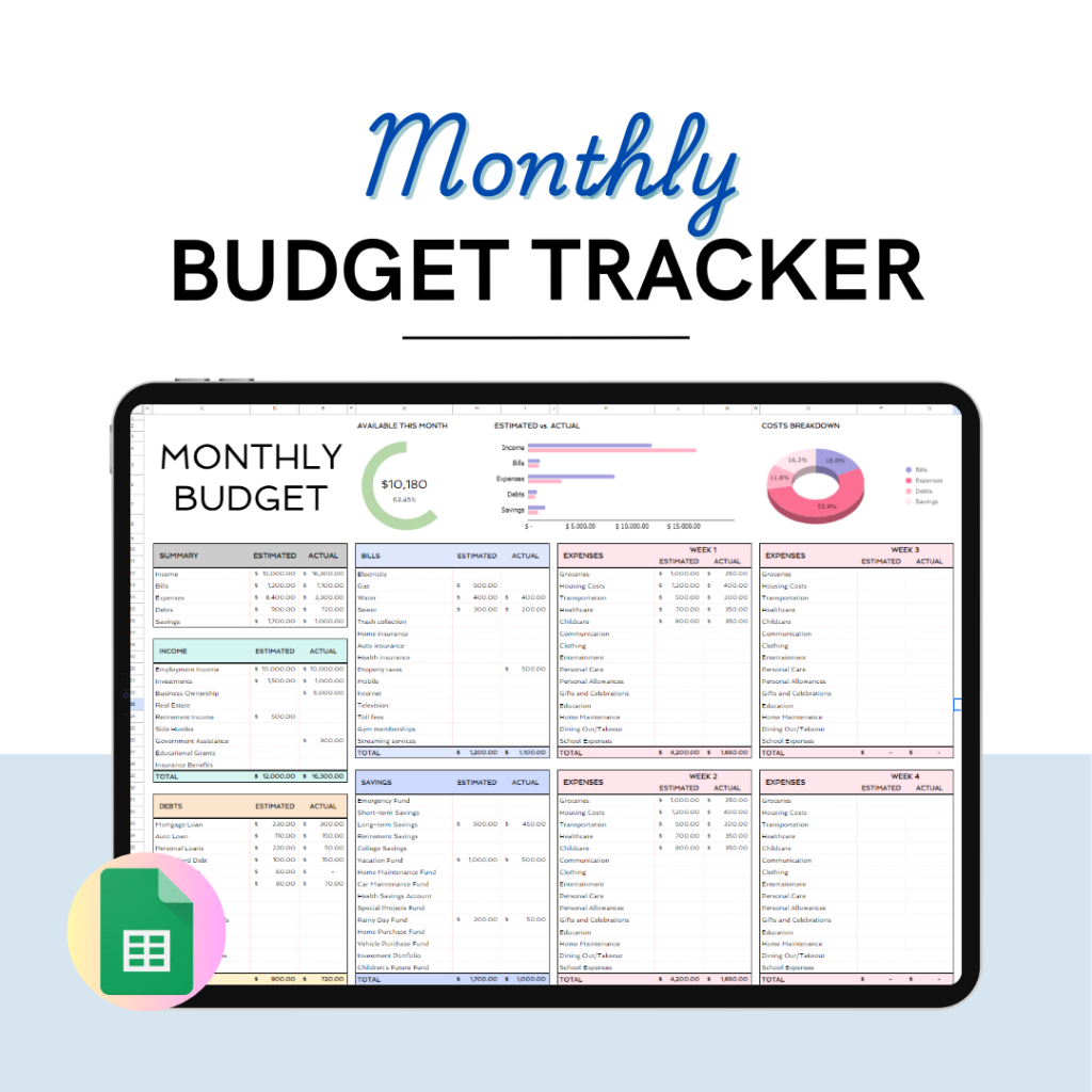 Monthly Budget Tracker - Google Spreadsheet Template for Finances ...