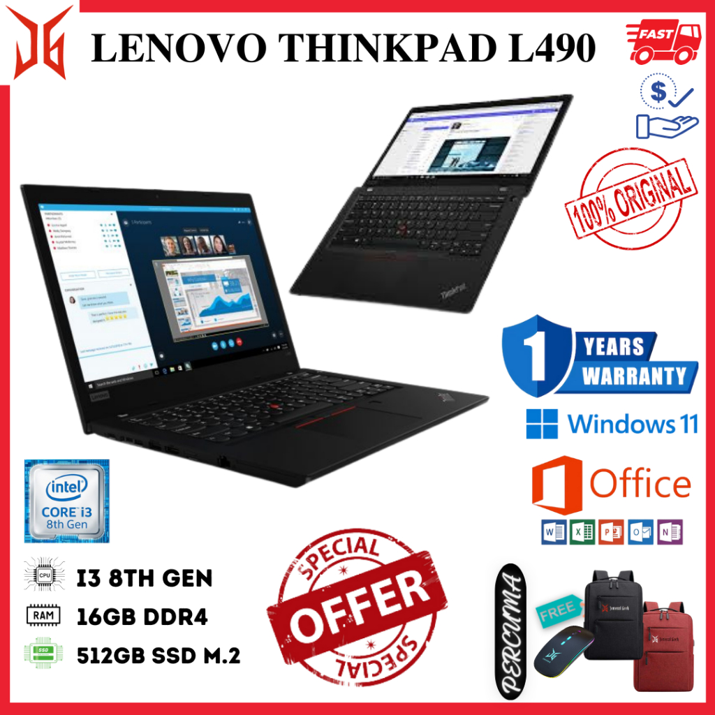 LENOVO THINKPAD L490 INTEL CORE i3 8TH GEN RAM 16GB SSD 512GB 14" HD ...