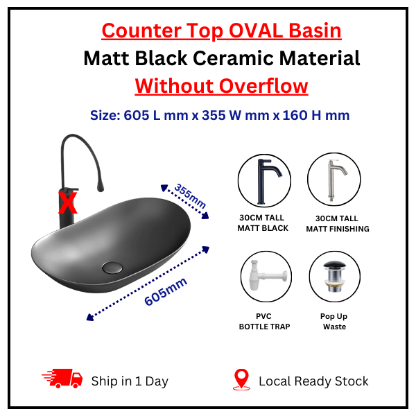 Premium 605MM Ceramic Matt Black Basin Countertop Basin Without ...