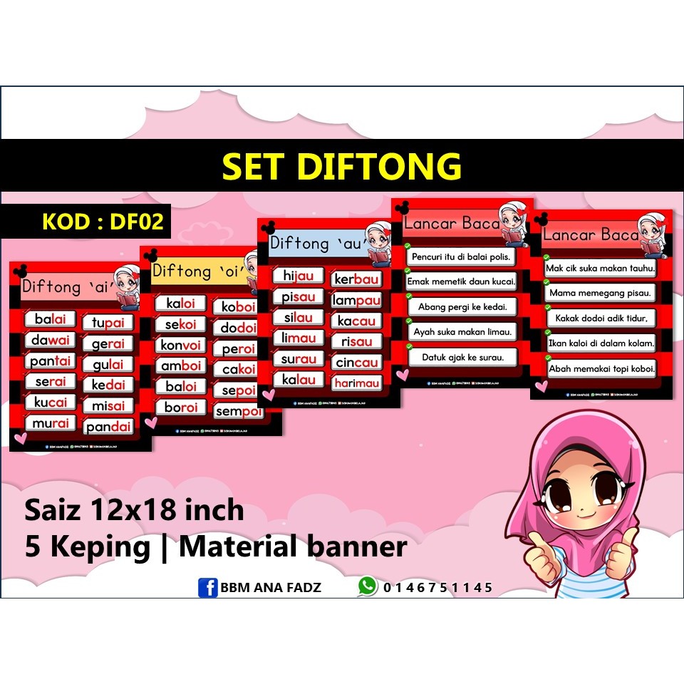 SET BACAAN DIFTONG MATERIAL BANNER KECERIAAN KELAS PEMULIHAN ...