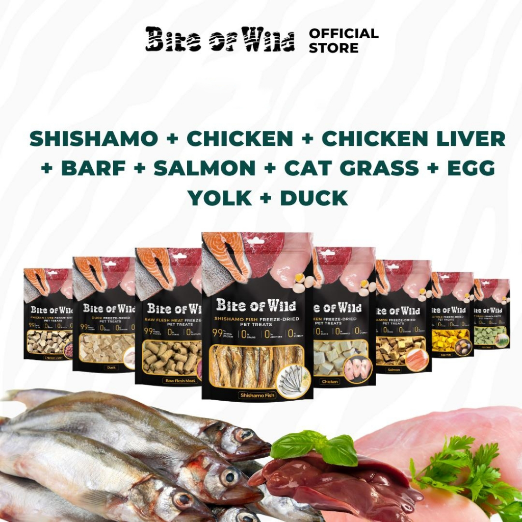 Bite of Wild freeze-dried salmon springfish chicken duck cat grass ...