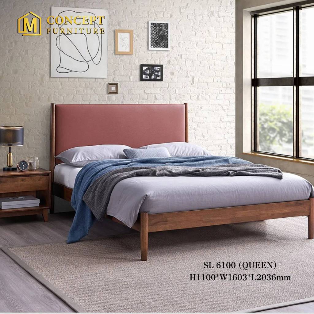 M CONCEPT SL6100 Queen Solid Rubberwood Bedframe/Upholstered Headboard ...