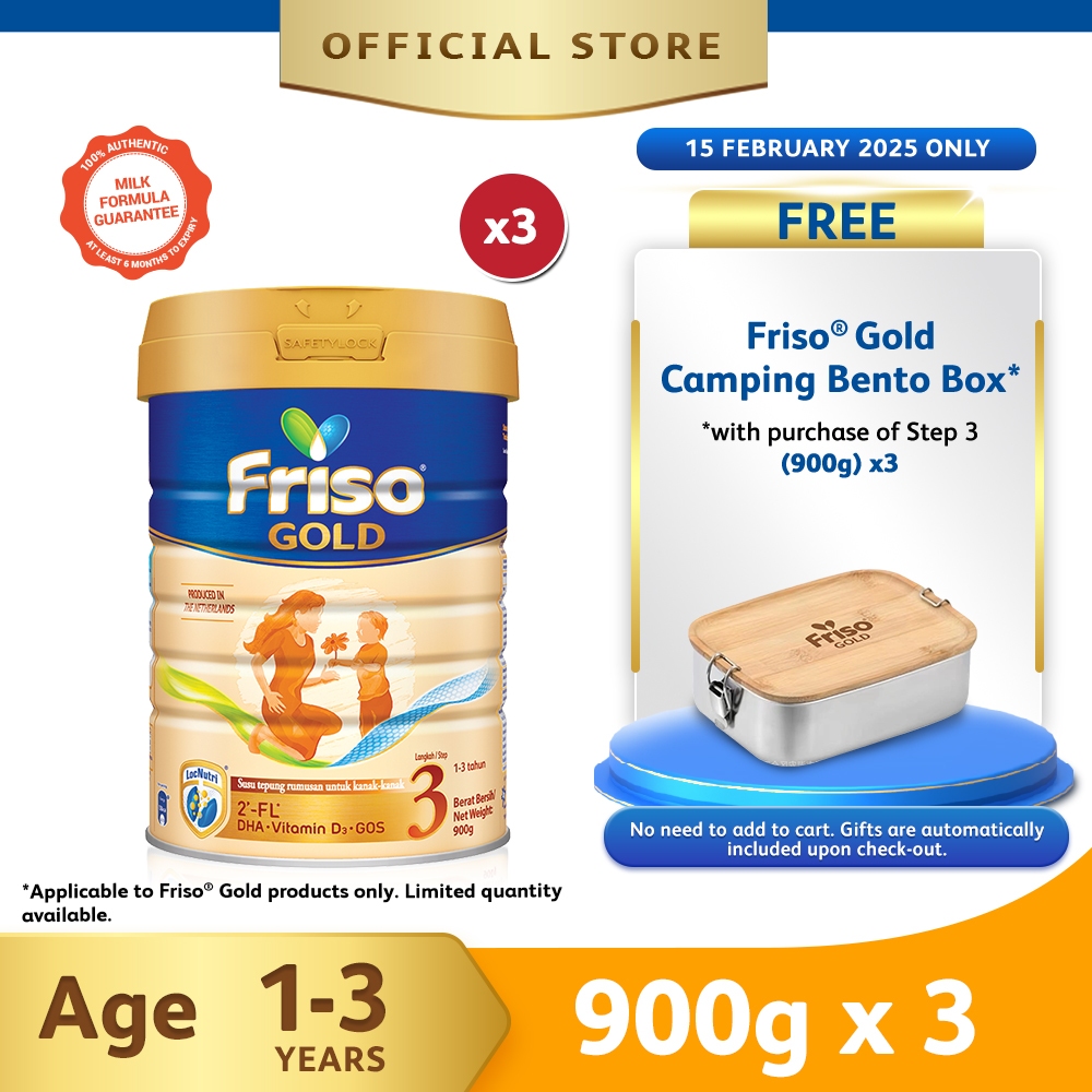 [18.2] Friso Gold Step 3 Milk Formula - 900g x 3 [FREE Camping Bento] | Shopee Malaysia
