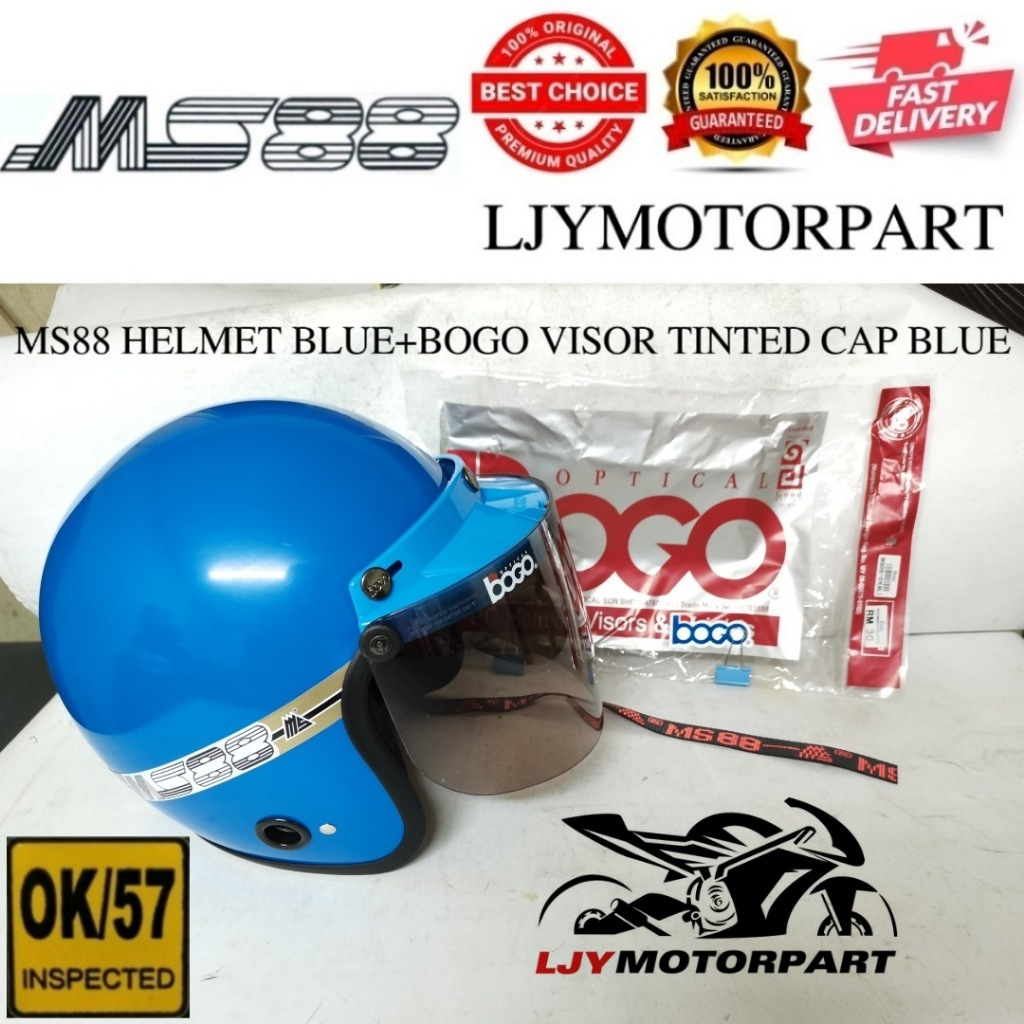 100% ORIGINAL MS88 HELMET BLUE TALI TULISAN MERAH 57CM+BOGO VISOR ...