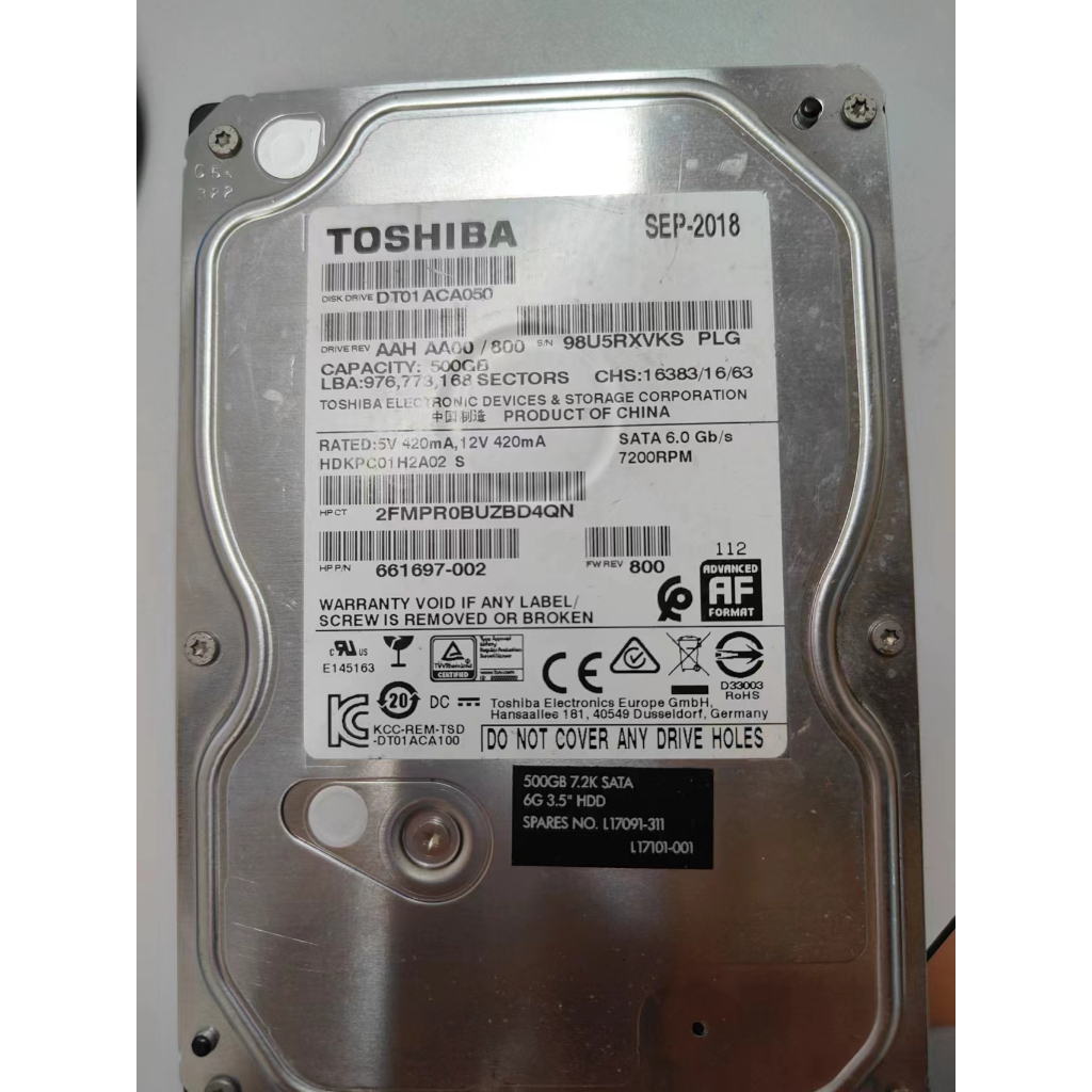TOSHIBA HDD Hard Disk SATA 500GB 3.5" Desktop / PC Hard Disk (USED ...