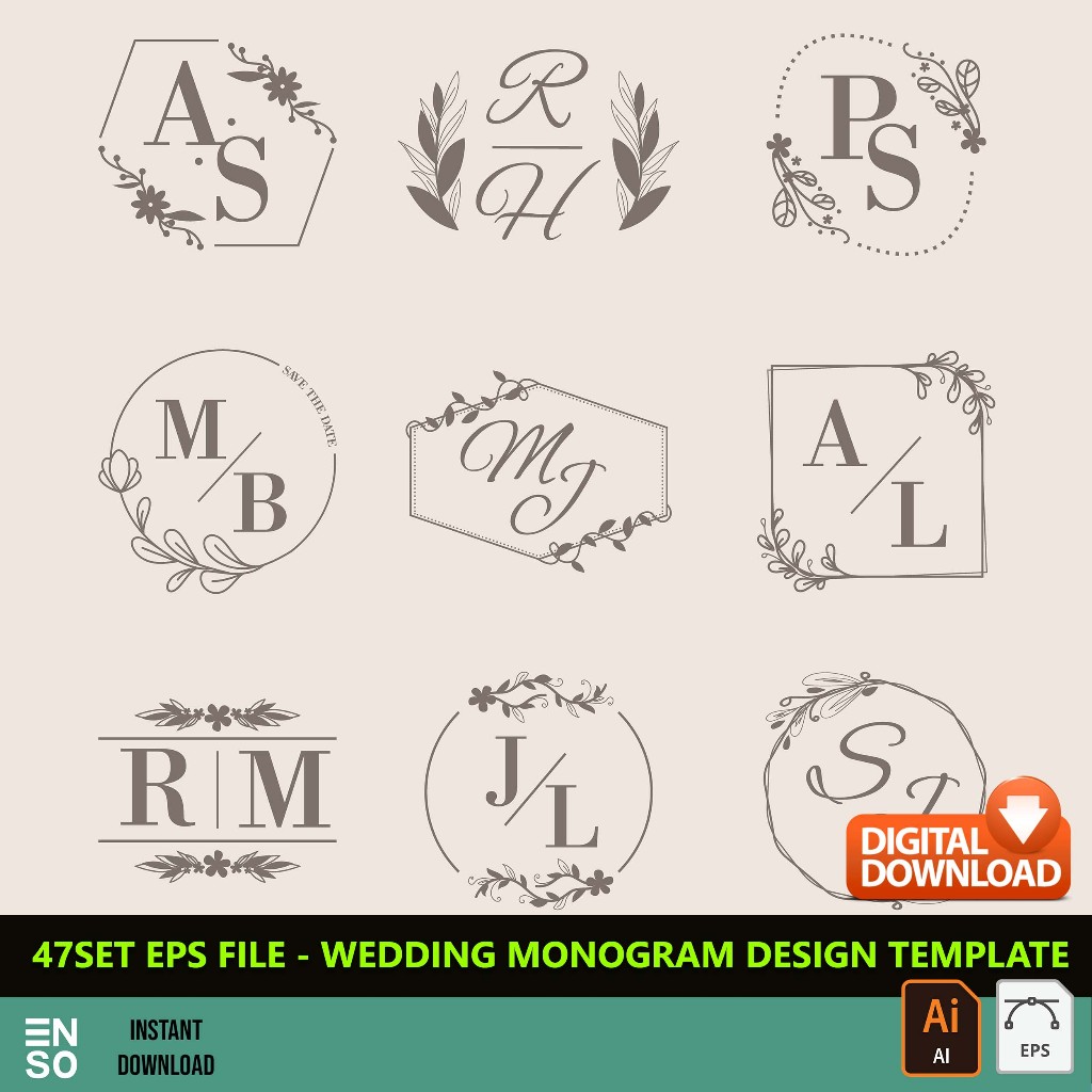 47-Set EPS Wedding Monogram Design Template Files | Editable Adobe ...