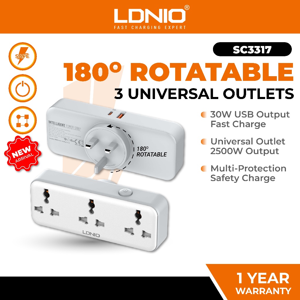 LDNIO SC3317 2500W UK plug universal outlet rotatable plug power socket ...