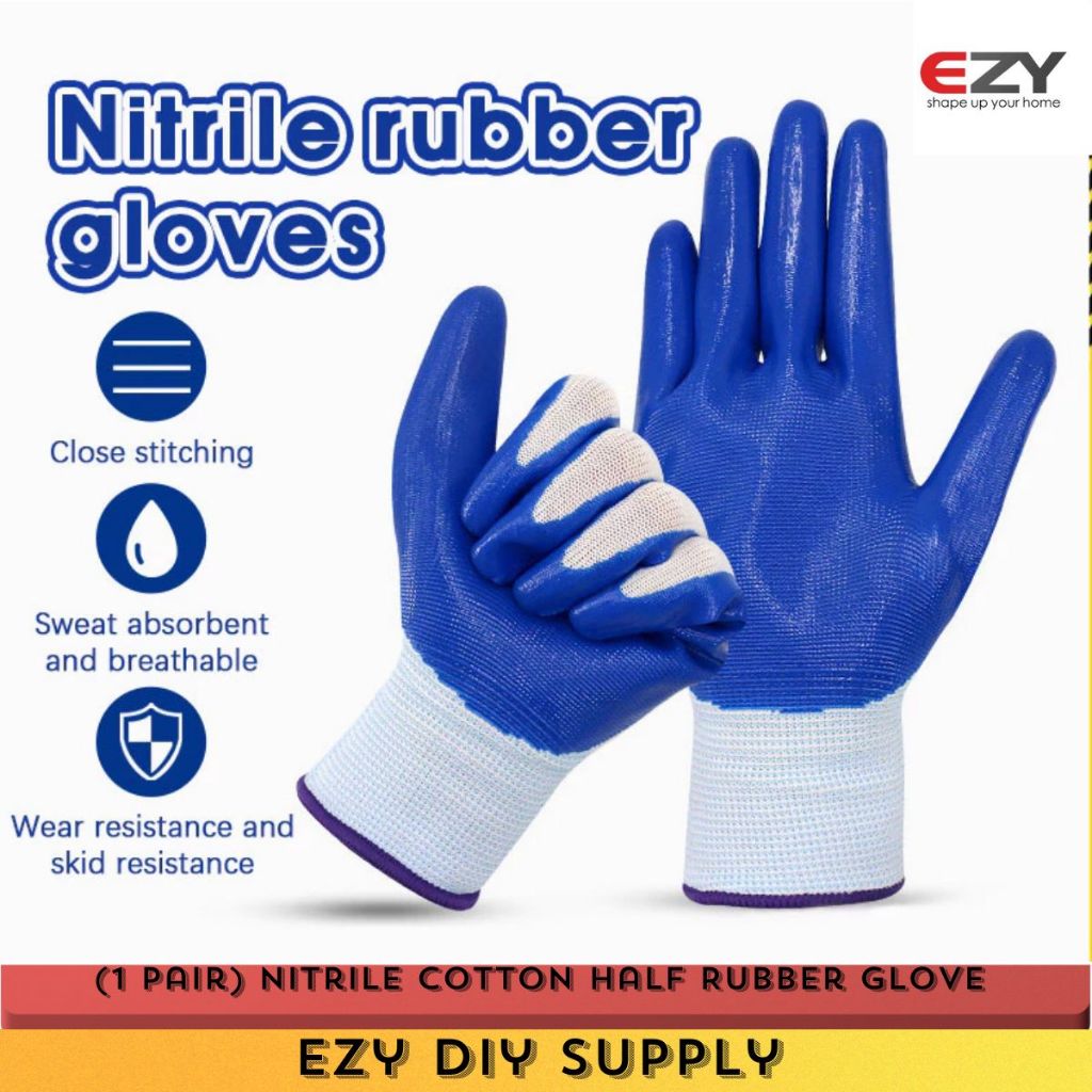 (1 PAIR) Nitrile Cotton Half Rubber Glove Sarung Tangan Getah Latex ...