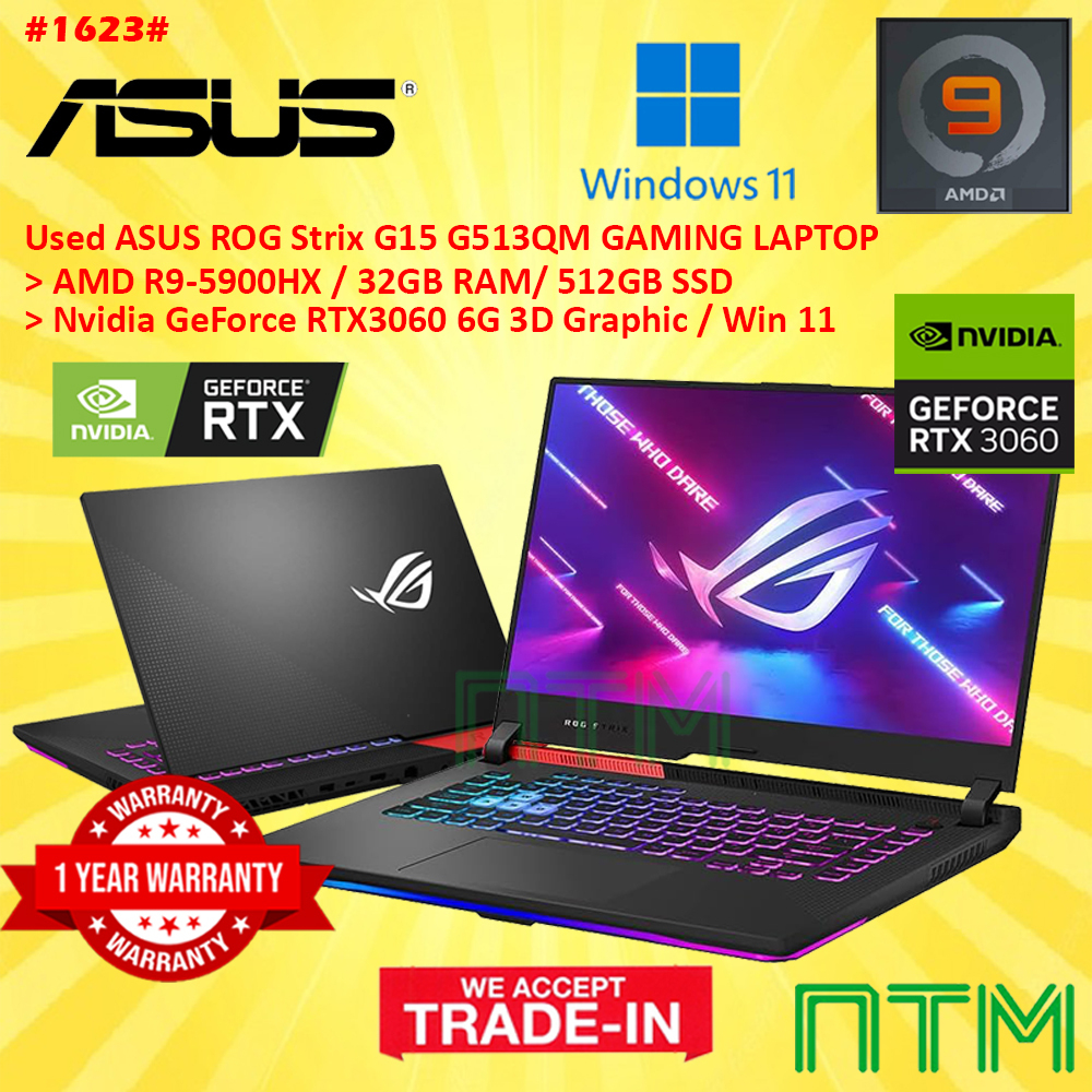 #1623 USED R9 ASUS ROG STRIX G513QM AMD RYZEN 9-5900HX 32GB 512GB RTX 3060 6G 15.6” 144Hz FHD ...