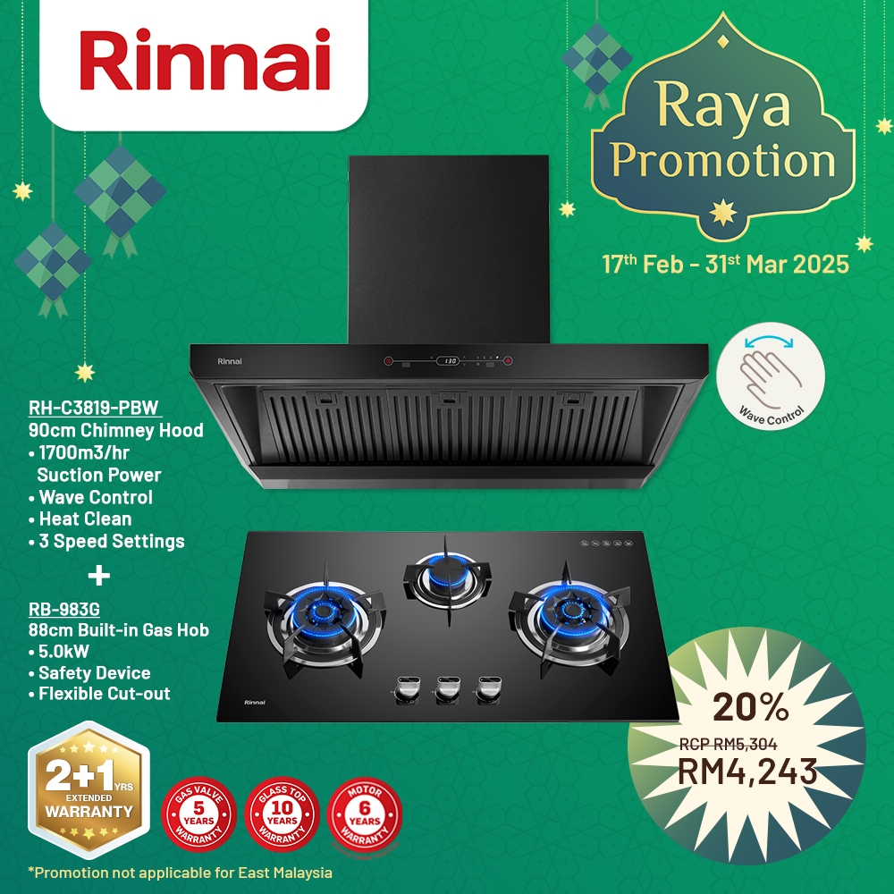 Rinnai Cooker Hood (90cm) RH-C3819-PBW + Built-in Gas Hob (88cm) RB-983G | Shopee Malaysia