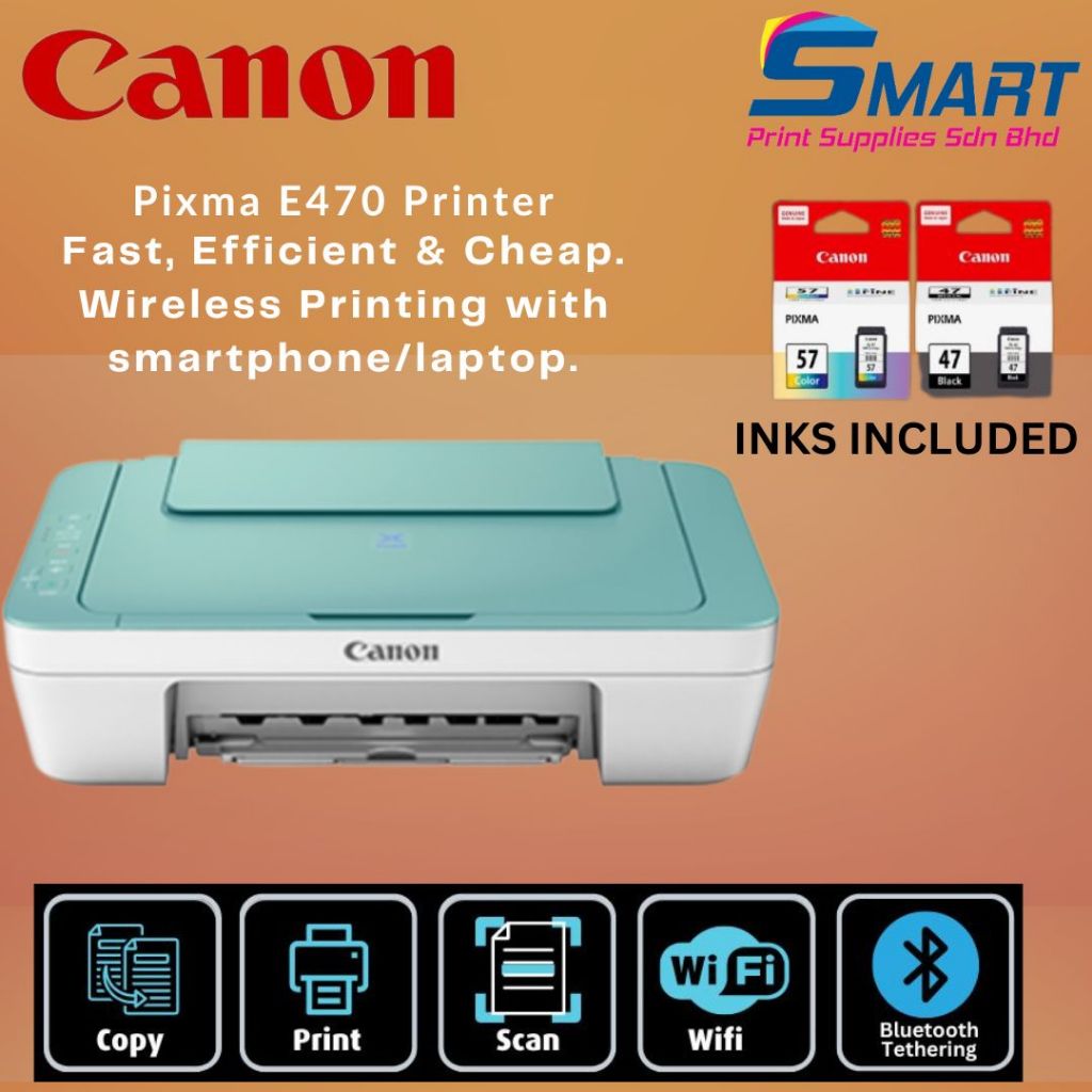 Canon Pixma Inkjet E470 All In One Printer Wifi Bluetooth Tethering ...