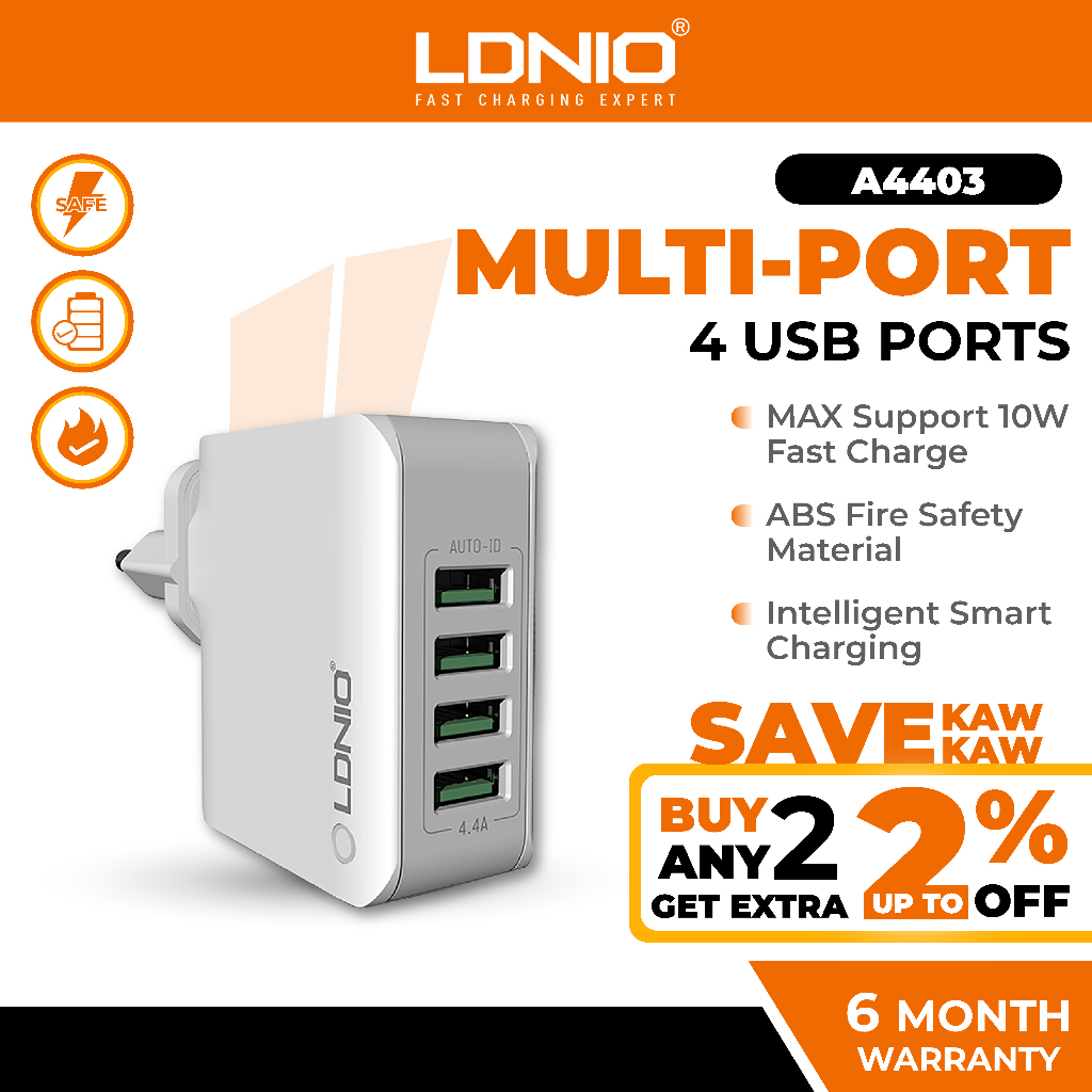 LDNIO A4403 Quadruple 4 USB Output Port Auto ID USB Charger (4.4A ...