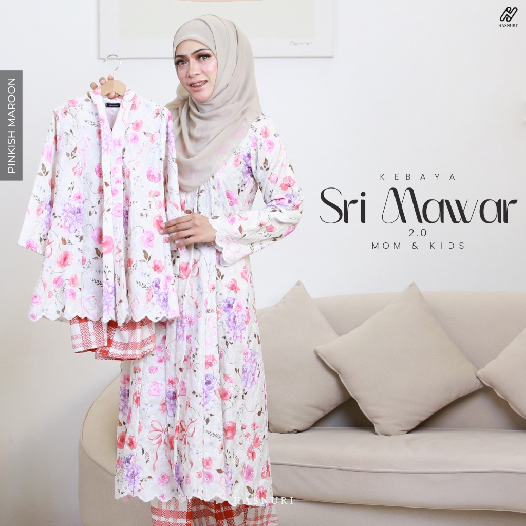 HASNURI Kebaya Sri Mawar Mom & Kids 2.0 | Baju Kebaya Labuh Moden Muslimah Cloud Cotton Printed ...