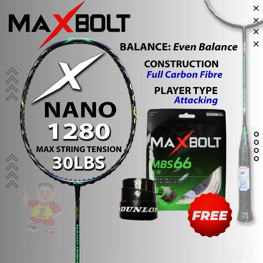 Maxbolt Badminton Racket Nano 1280 Max Tension 30 lbs (Free String+Grip ...