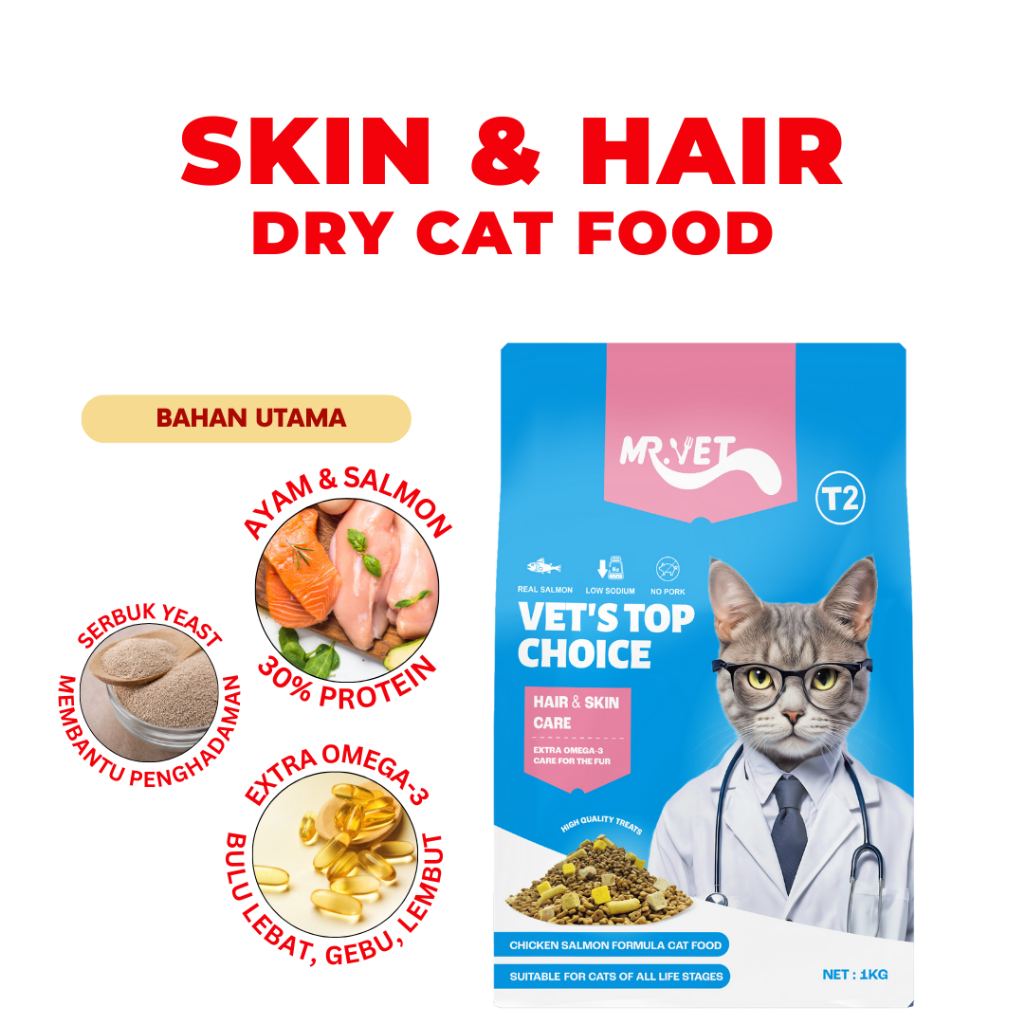 MR.VET T2 (1kg) Hair & Skin Dry Cat Food / Kibble Makanan Kucing Adult ...
