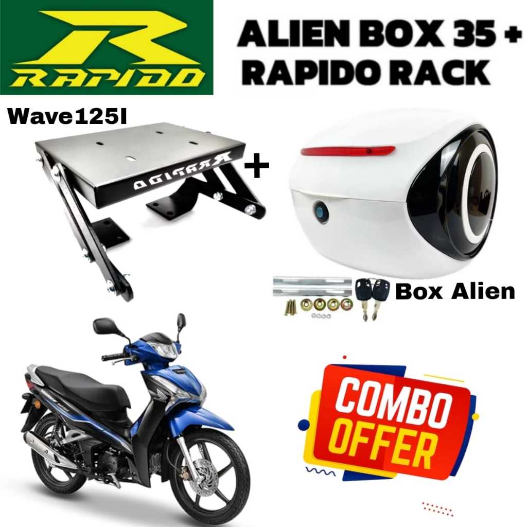 COMBO SET BOX ALIEN 35L ABS HONDA WAVE 125I + MONORACK RAPIDO HONDA ...