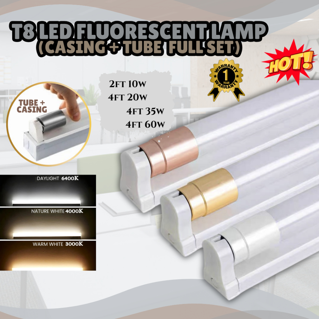 [FULL SET] LED T8 Fluorescent Tube 2ft 4ft 10W/22W/35W/60W Set Lampu ...