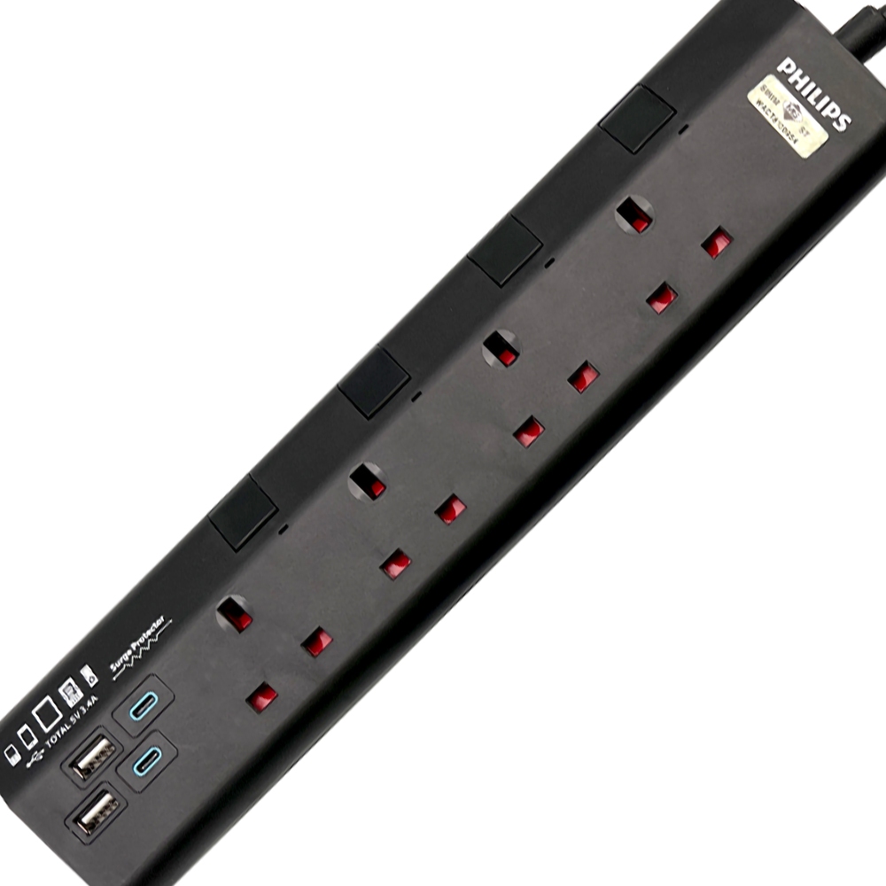 Philips 4-Way Extension Socket Dual USB & Type-C Ports Surge Protection ...