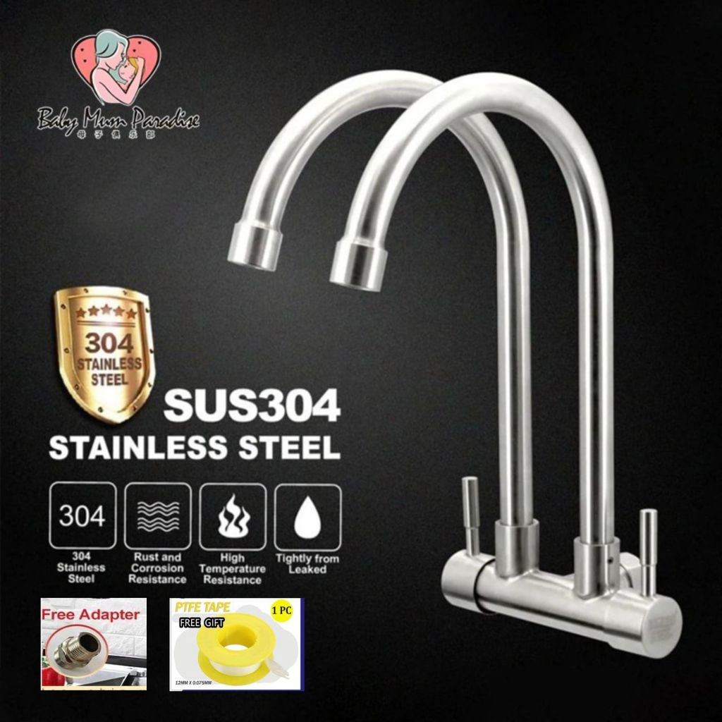 Kitchen Sink Faucet Double Wall Tap 360° Stainless Steel / Pillar Sink ...