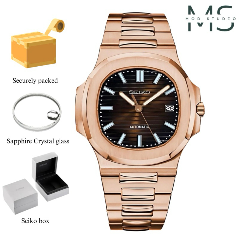 SEIKOLEX SEIKO MOD NH35 ROSE GOLD STAINLESS STEEL ROSE GOLD DIAL BROWN ...