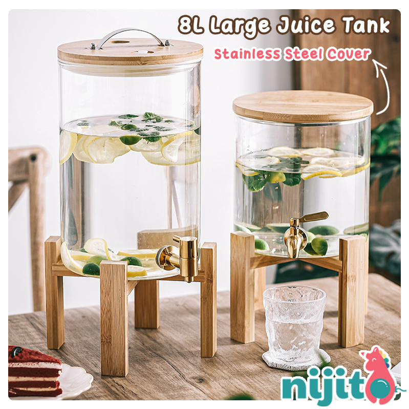 Nijito - 8L Glass Beverage Dispenser with Wood Stand Stainless Steel ...