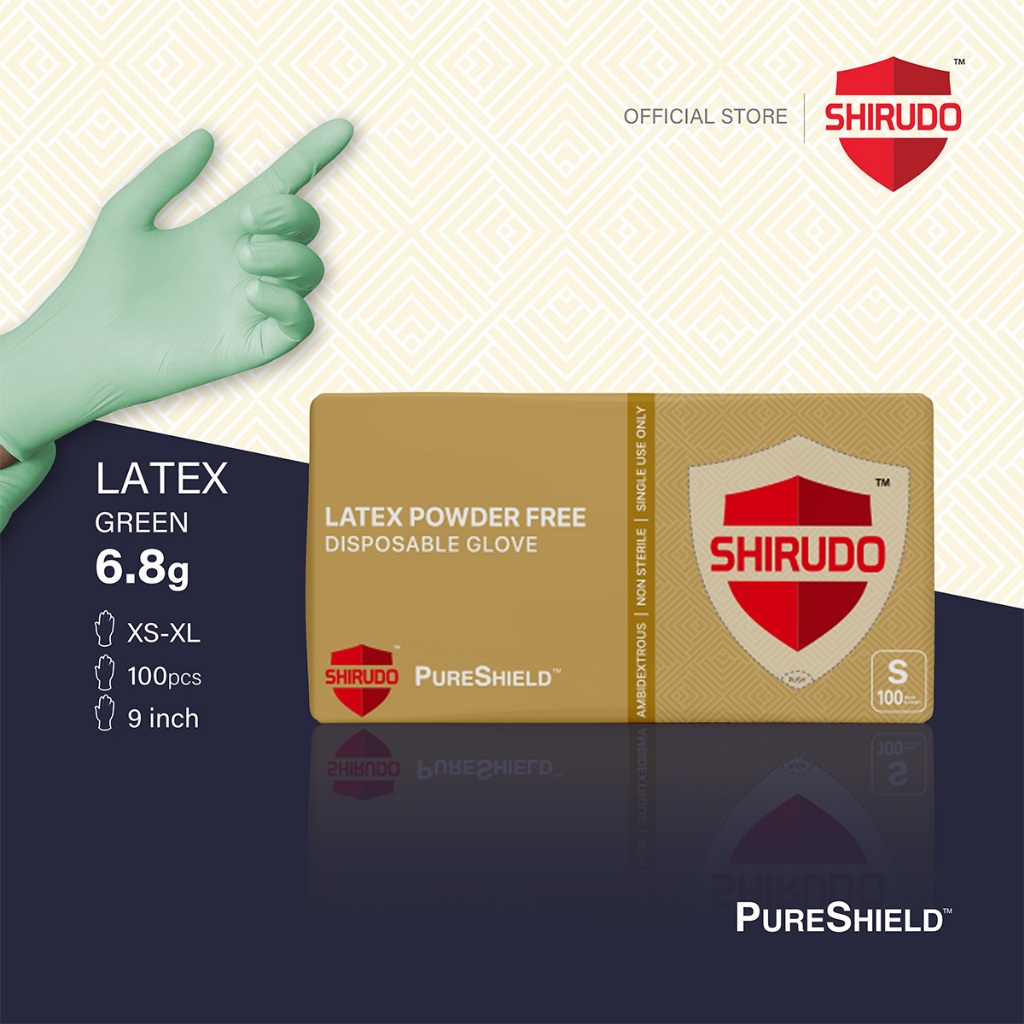 Shirudo PureShield Green Latex Disposable Glove, Powder Free (9"/6.8g ...