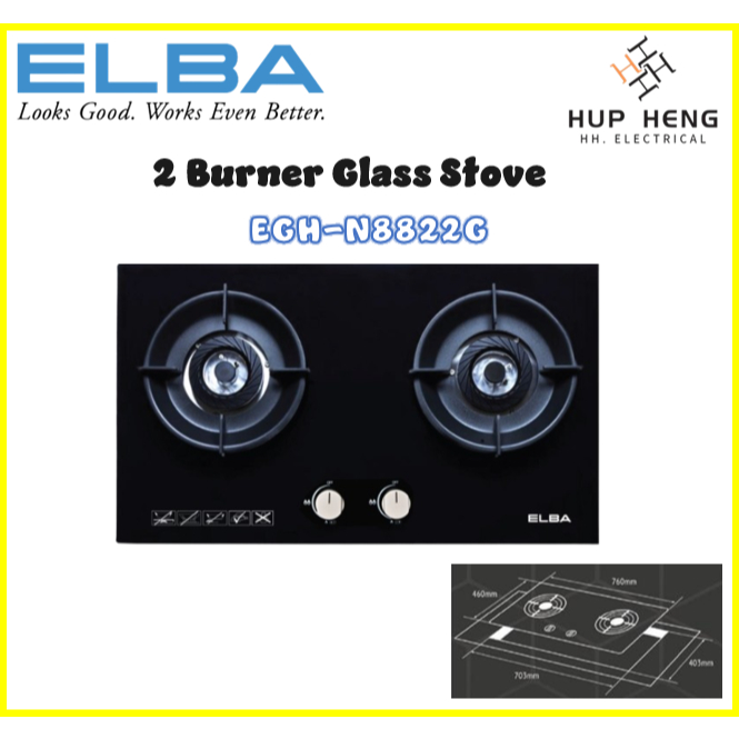 Elba 2 Burners Glass Stove EGH-M8822G(BK) - High Quality Tempered Glass, Black (4.8kW) | Shopee ...