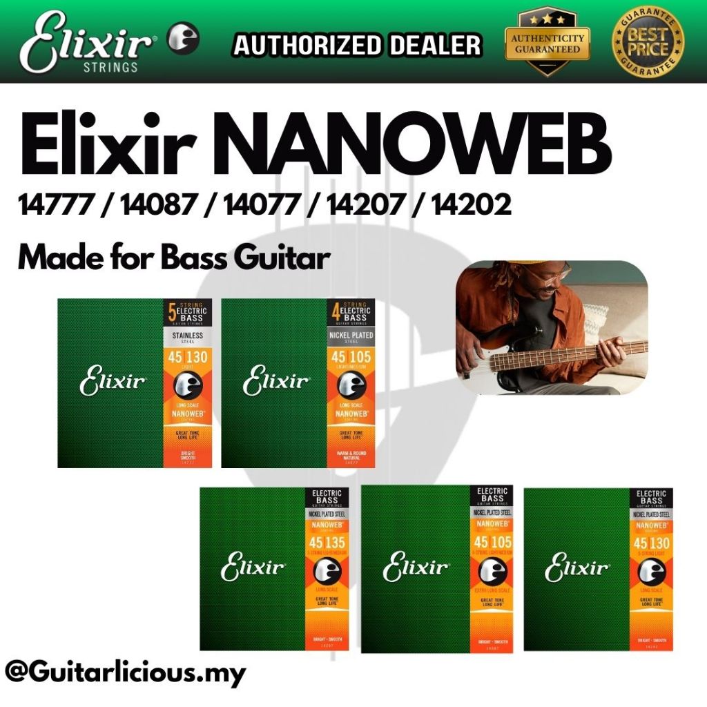 Elixir Nanoweb Long Scale Stainless Steel Electric Bass Strings - 14777 ...
