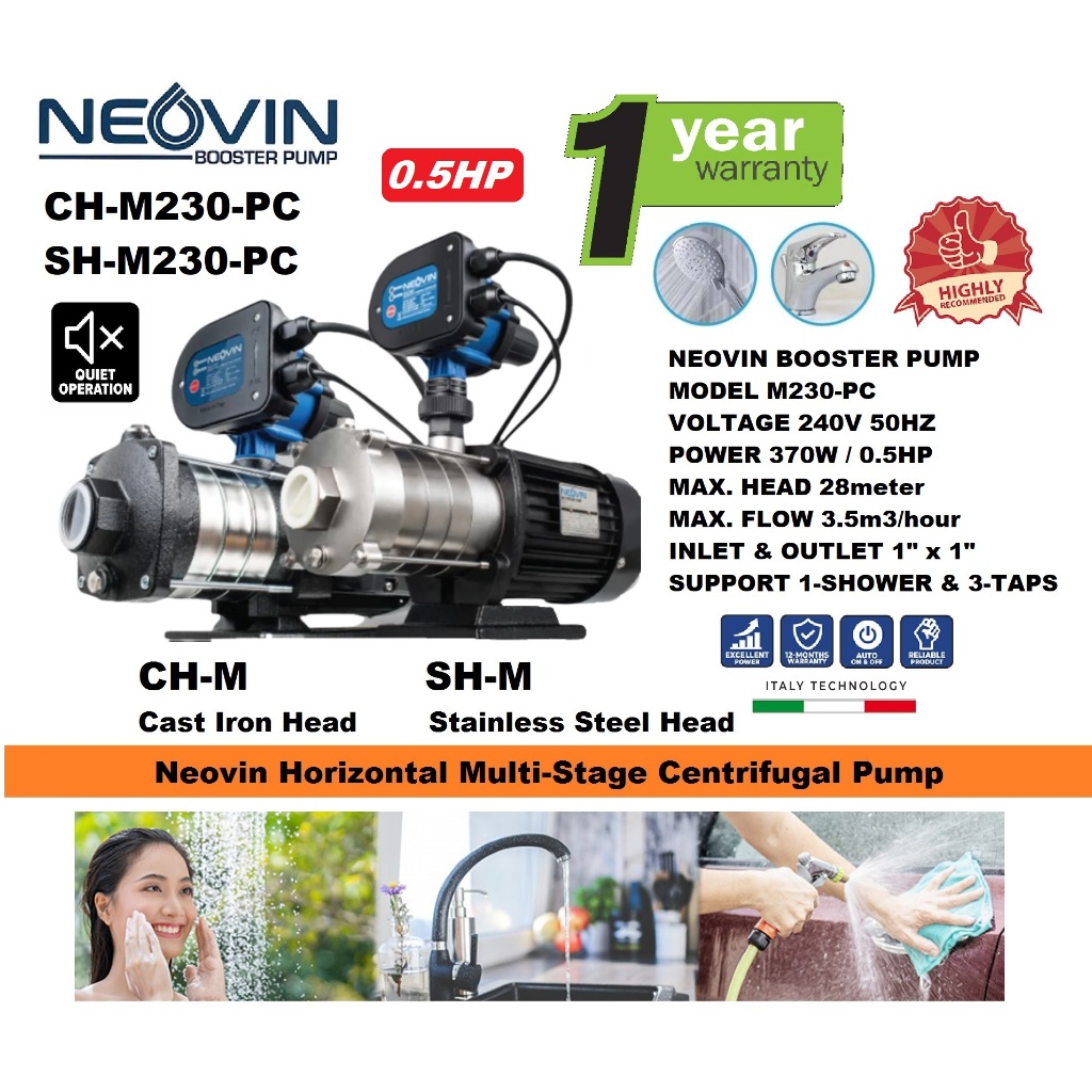 Neovin CH 370W / 0.5Hp PC-Auto Multi-Stage Home Booster Pump | Shopee ...