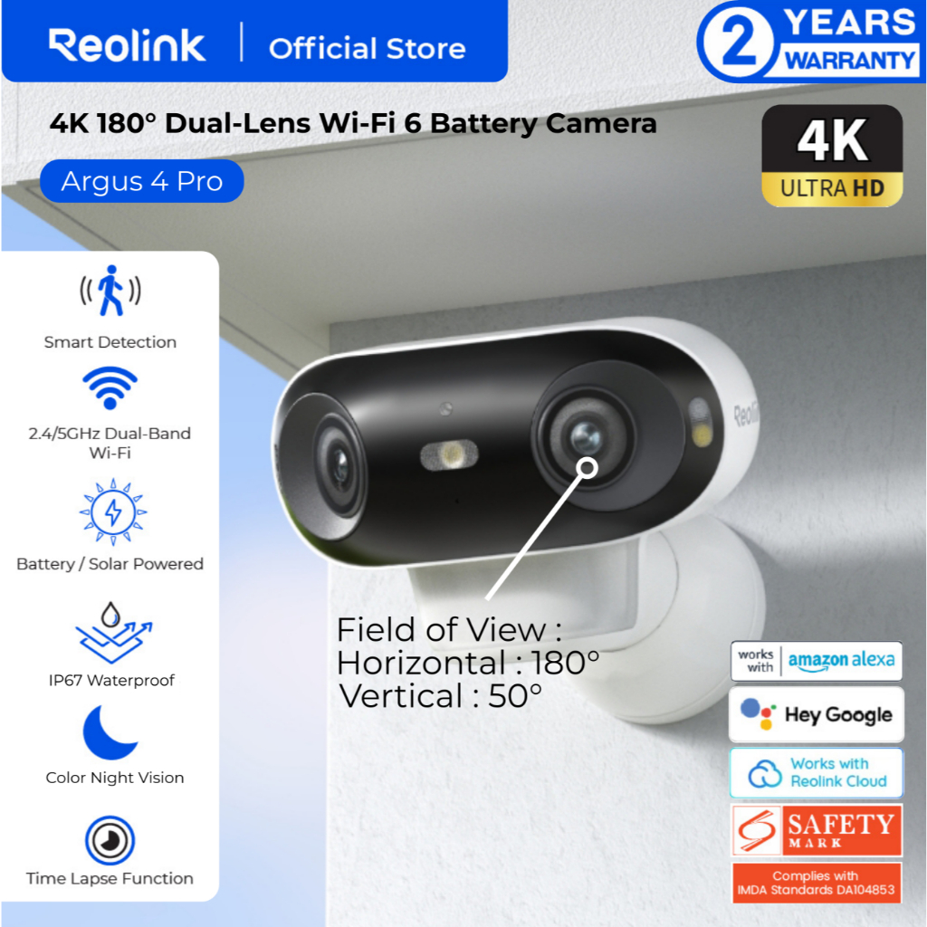 Reolink Argus 4 Pro : Time Lapse 180° Dual Lens 4K WiFi 6 Battery Time ...