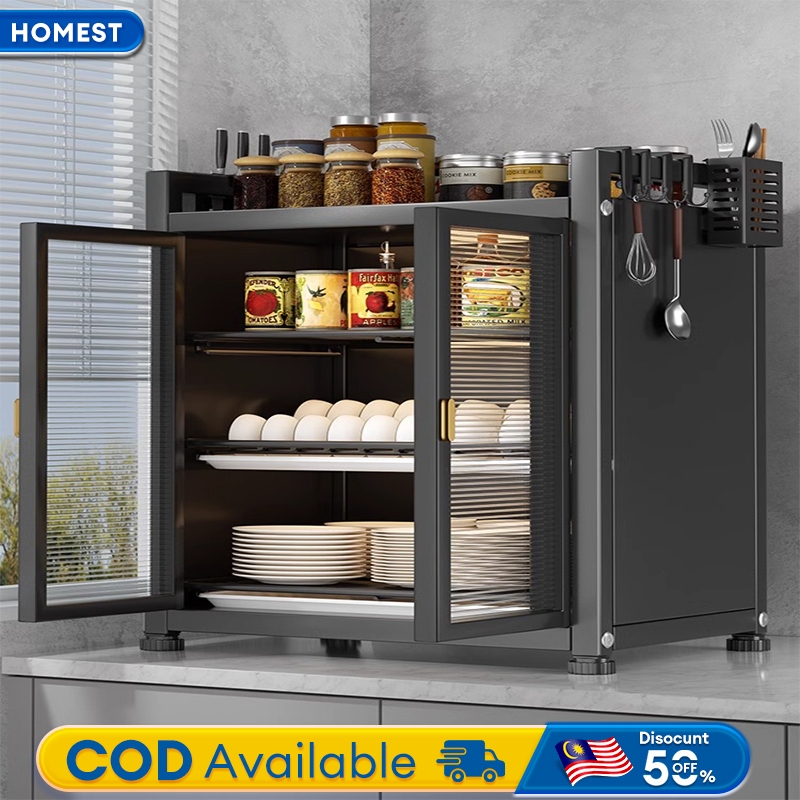 Multi-layer Storage Shelves with Door Dapur Kabinet Dishes Rak Kitchen ...