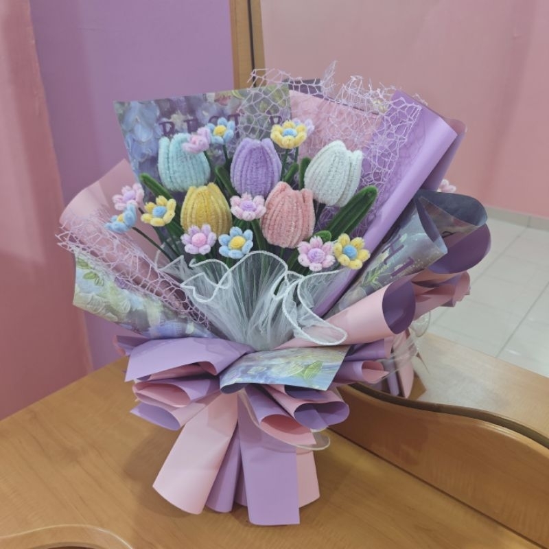 Chenille stem pipe cleaner tulip flower bouquet kawat bulu bunga ...