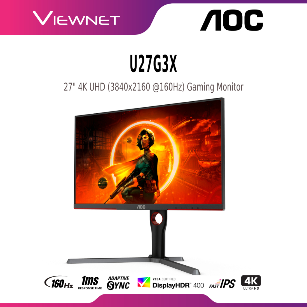 AOC 27" U27G3X 4K UHD (3840x2160 @160HZ) FAST IPS LCD GAMING MONITOR (1MS, INPUT:HDMI+DP, VESA ...