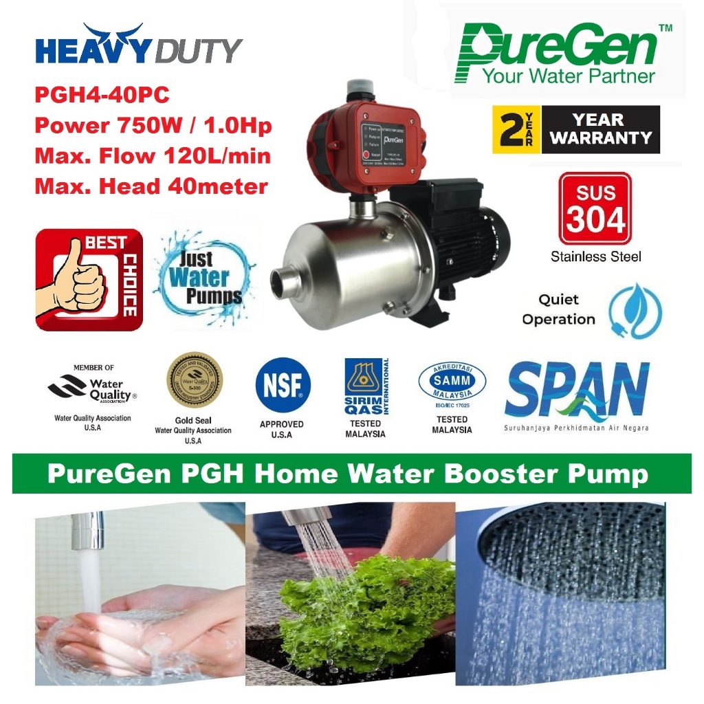 PureGen PGH 0.75kW / 1.0Hp PC-Auto Stainless Steel Water Booster Pump ...