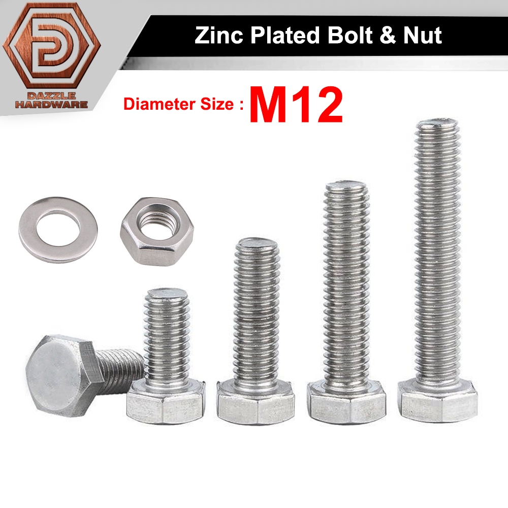 [ 1 unit = 1 set ] M12 Zinc plated bolt and nut and flat washer Gi bolt ...