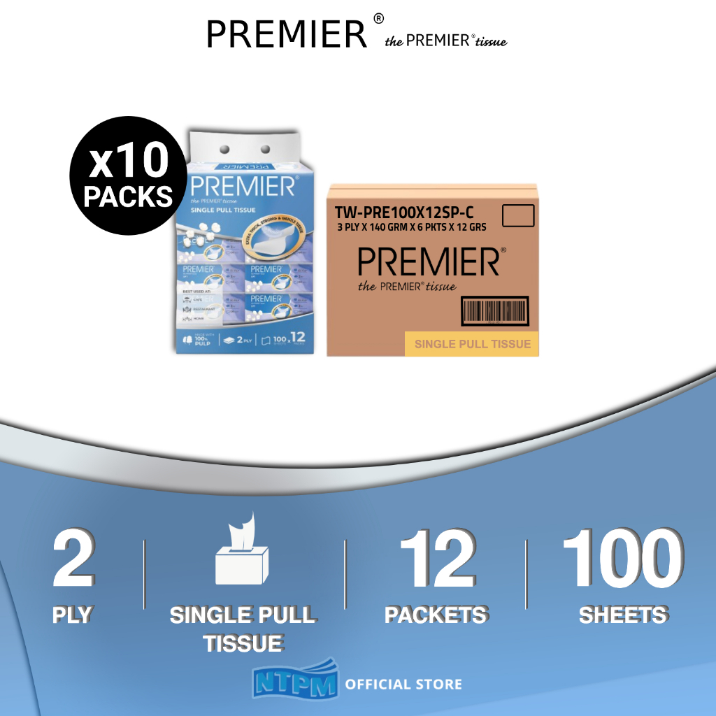 Premier Single Pull Tissue 2 PLY (100's x 12) X 10 Packs (Carton ...
