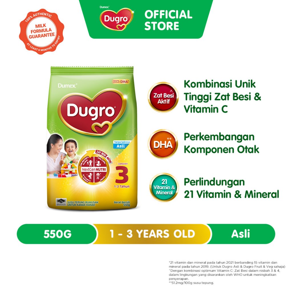 Dumex Dugro Step 3 Original Growing Up Formula 1-3 Years (550g) (Susu ...