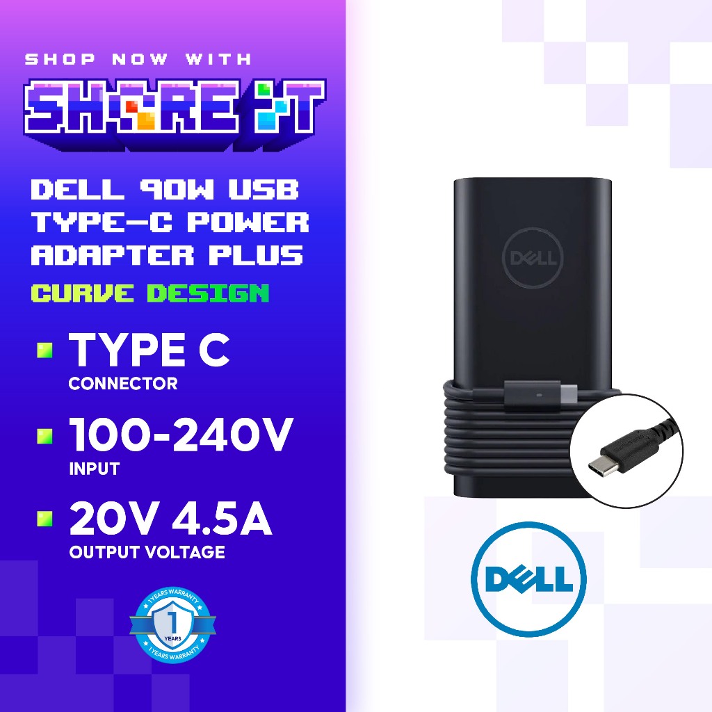 DELL 90W USB Power Adapter (CURVE DESIGN) CONNECTOR: TYPE C - PA901C ...