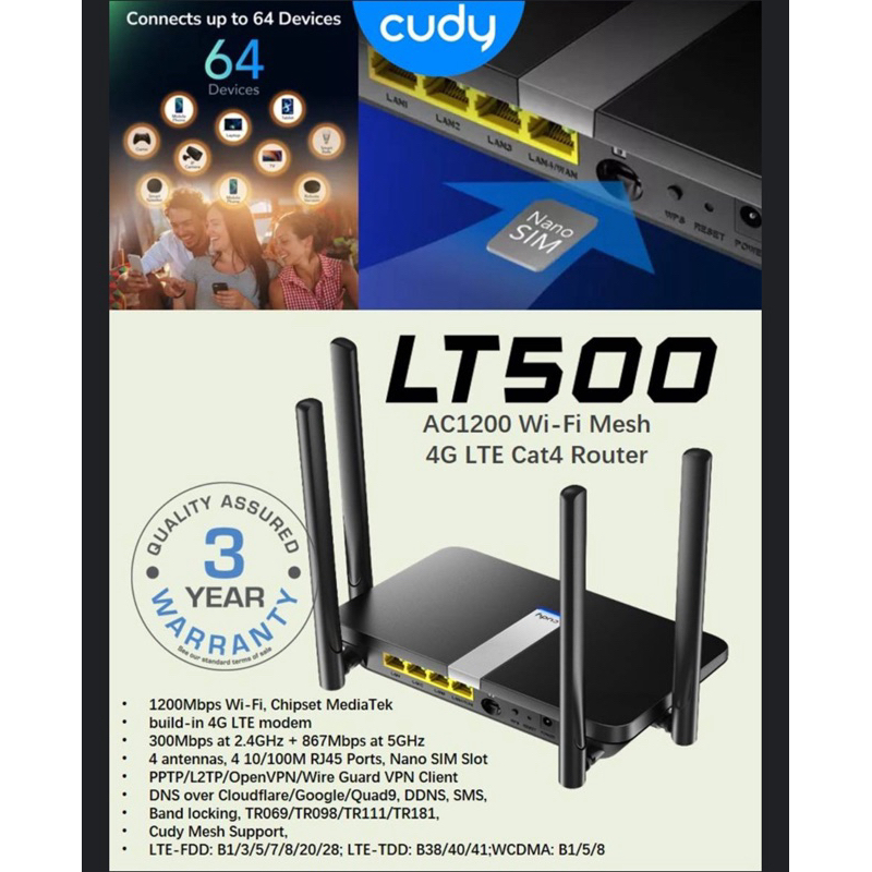Cudy LT500 Wi-Fi Mesh 4G LTE Cat4 Router Nano SIM support # 3 Years ...